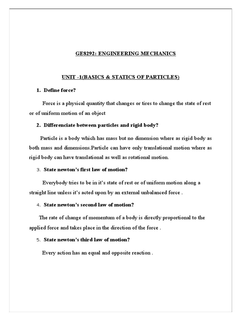 Ge8292: Engineering Mechanics | PDF | Rotation Around A Fixed Axis | Force
