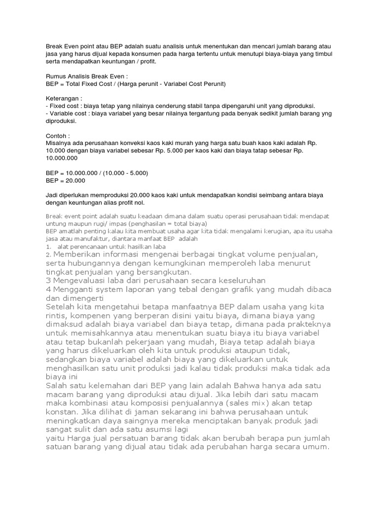 Break Even Point Atau Bep Adalah Suatu Analisis Untuk Menentukan Dan