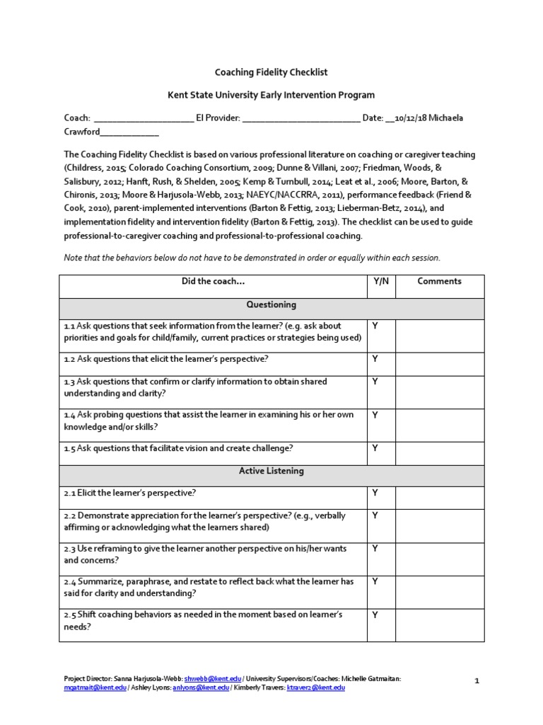 Coaching Fidelity Checklist Rev | PDF | Evidence Based Practice | Learning