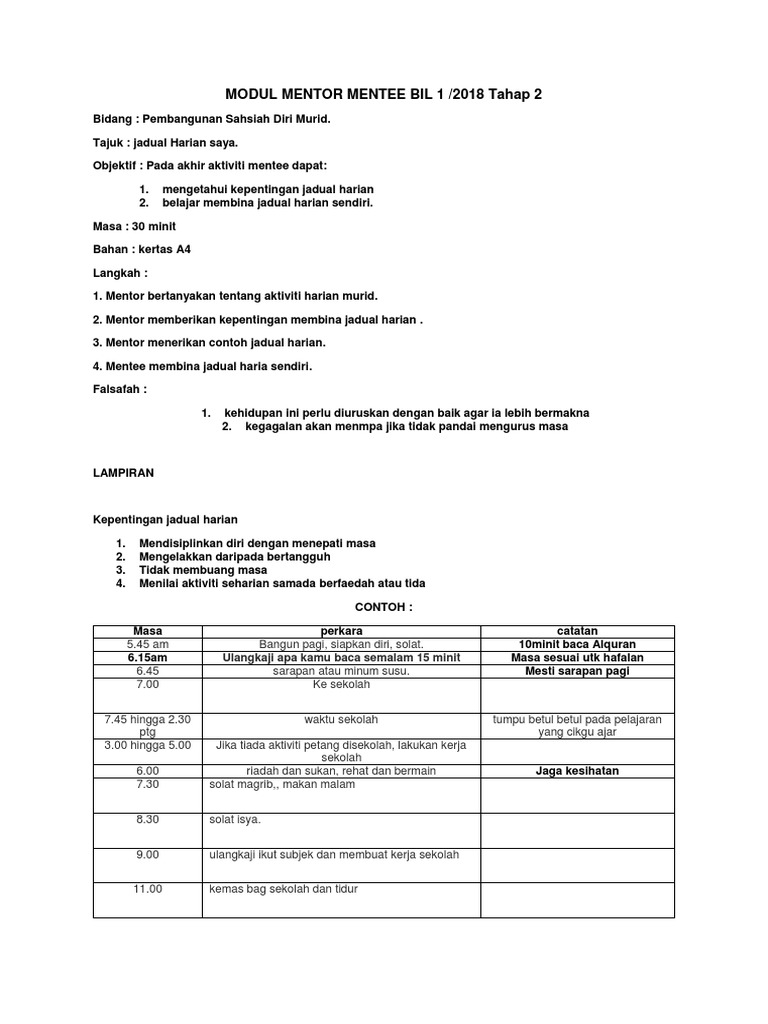 Modul Jadual Harian Mentor Mentee | PDF