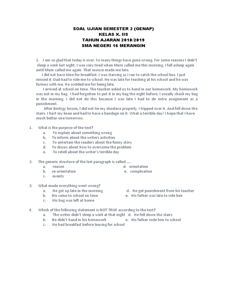 Soal Ujian Semester 2 (Genap) Kelas X. Iis TAHUN AJARAN 2018/2019 Sma Negeri 16 Merangin | PDF ...
