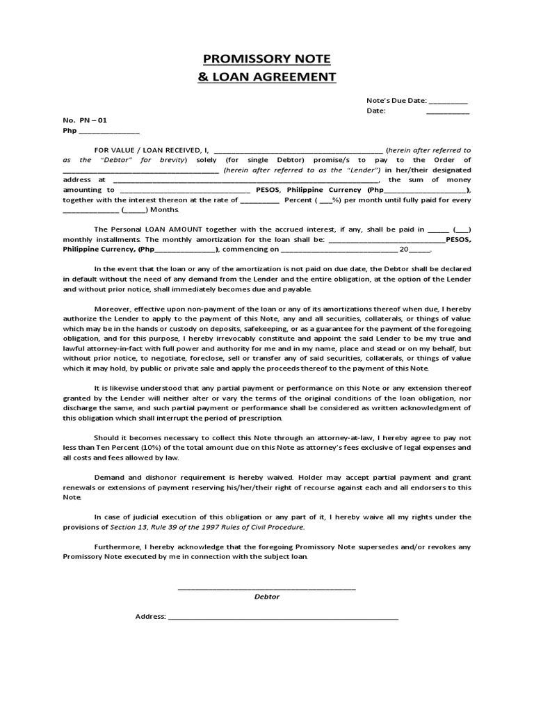 Promissory Note and Loan Agreement Detailing Terms for Repayment of Php ...