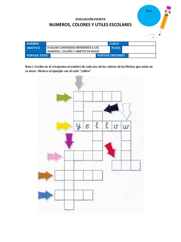 Evaluación escrita de números, colores y útiles escolares en inglés | PDF