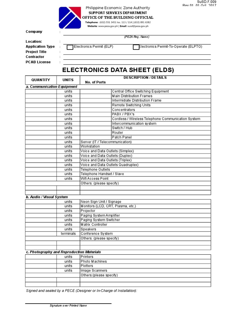 PEZA Electronics Permit Data Sheet | PDF | Security Alarm | Transformer