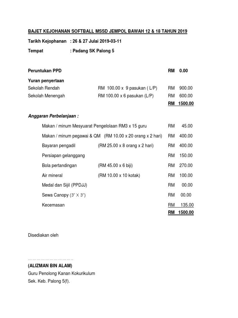 Bajet Kejohanan Softball B12 & B18 MSSD Jempol | PDF