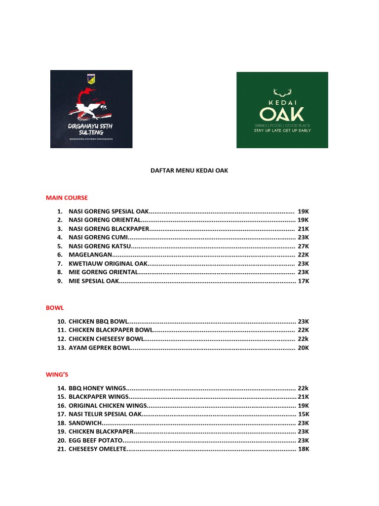Daftar Menu Kedai Oak | PDF | Masakan Indonesia | Masakan Barat