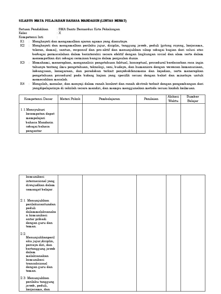 Silabus Bahasa Mandarin Kls X | PDF