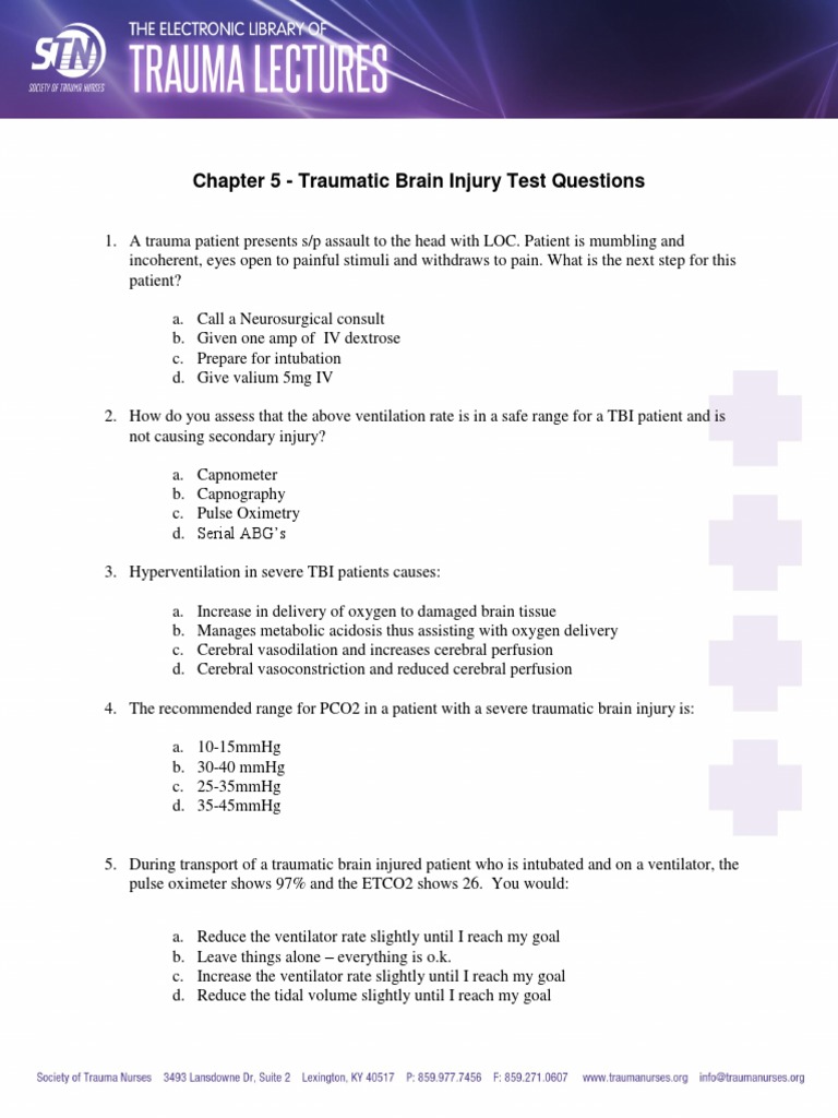 TBI Test Questions and Answers | PDF | Traumatic Brain Injury | Injury