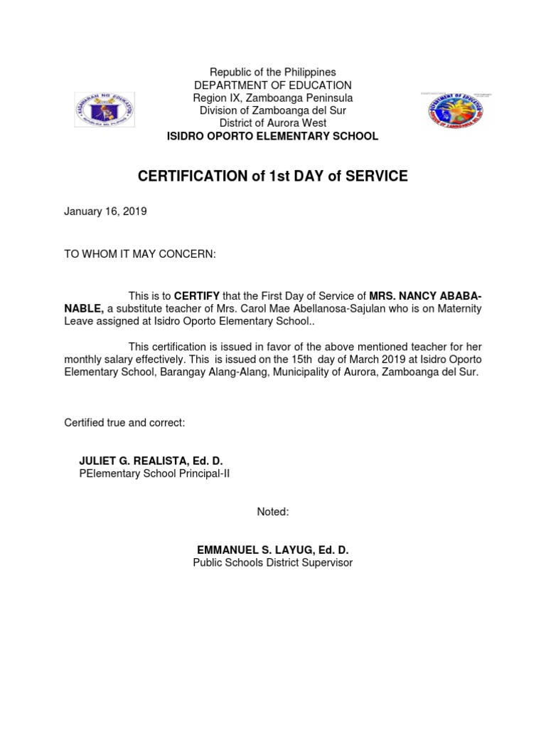 Certification of 1St Day of Service: Isidro Oporto Elementary School ...