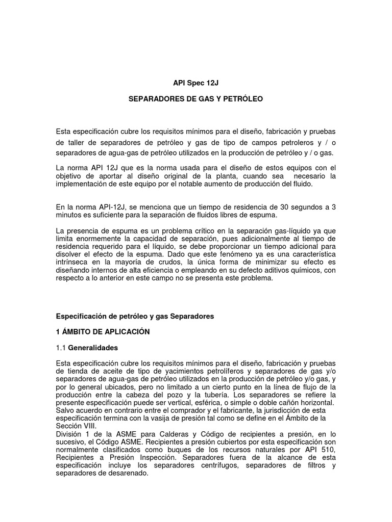 Especificaciones API 12J para Separadores | PDF | Petróleo | Presión