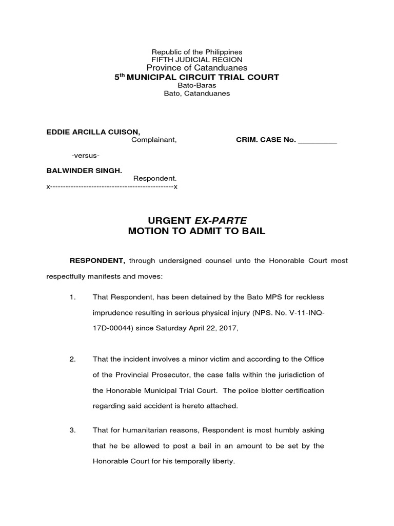 Urgent Motion for Bail in Catanduanes Case | PDF | Bail | Legal Procedure
