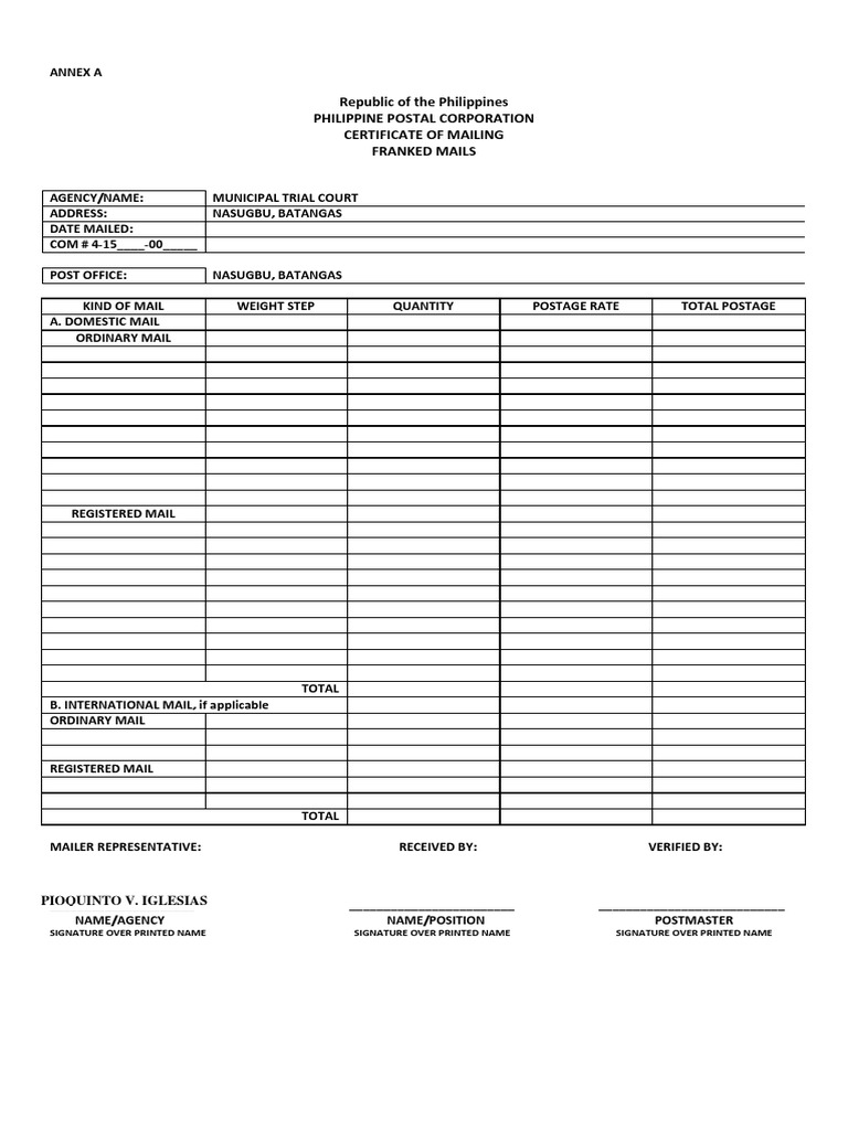 Republic of The Philippines Philippine Postal Corporation Certificate ...