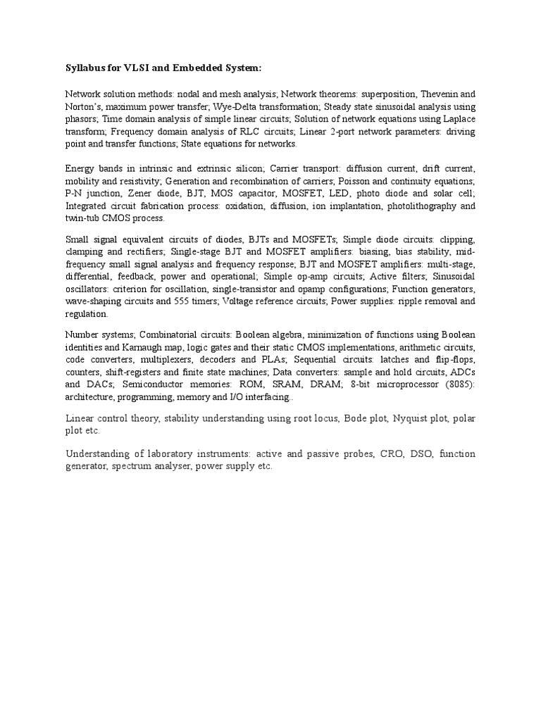 Syllabus For VLSI and Embedded System | PDF