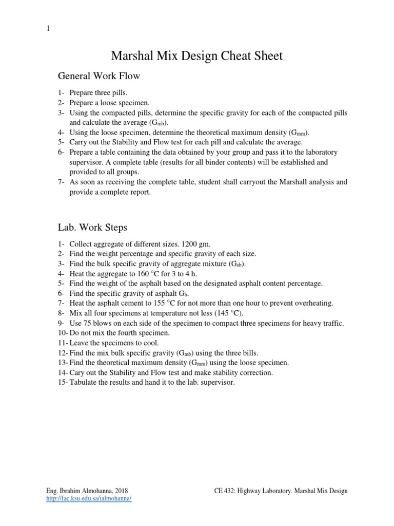 Marshal Mix Design Cheat Sheet: General Work Flow | PDF | Asphalt ...