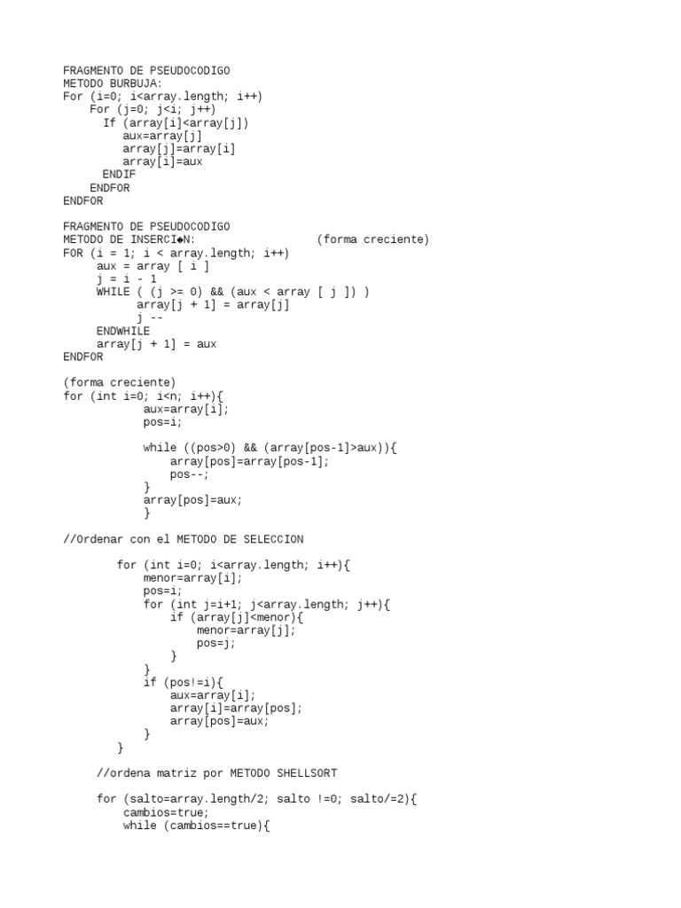 Métodos de Ordenamiento Java | PDF | Algoritmos y Estructuras de Datos ...
