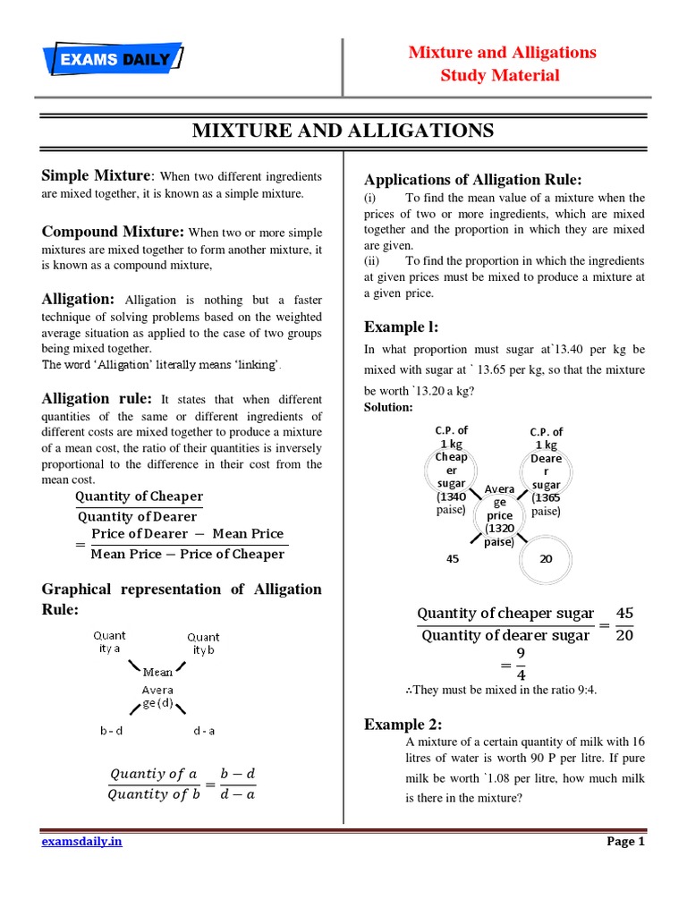 Mixture and Alligation Guide | PDF | Ratio | Solution