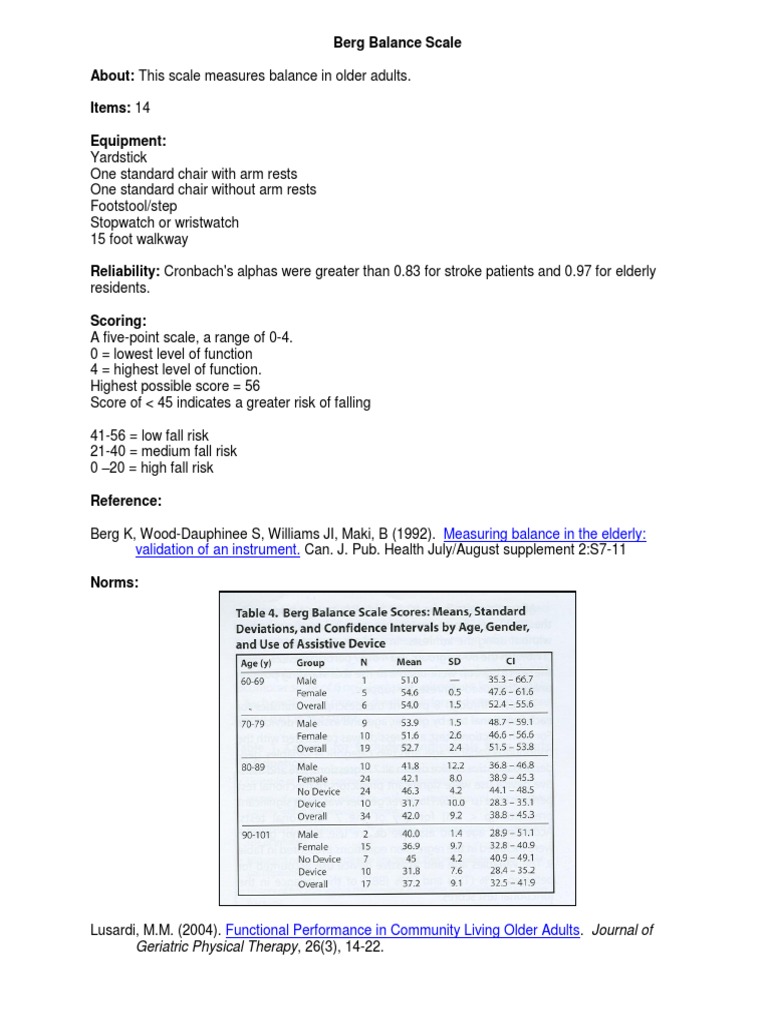 Berg Balance Scale | PDF | Chair