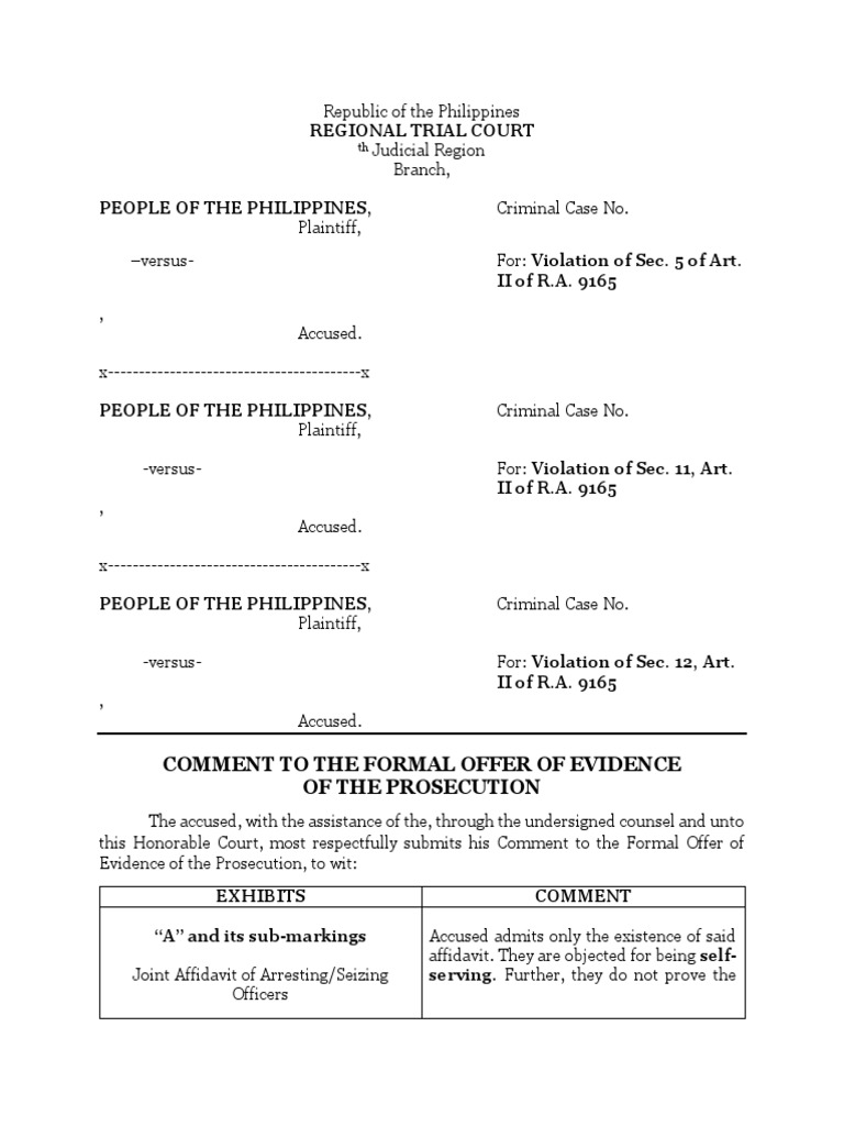 COMMENT TO THE FORMAL OFFER OF EVIDENCE | Prosecutor | Affidavit | Free ...