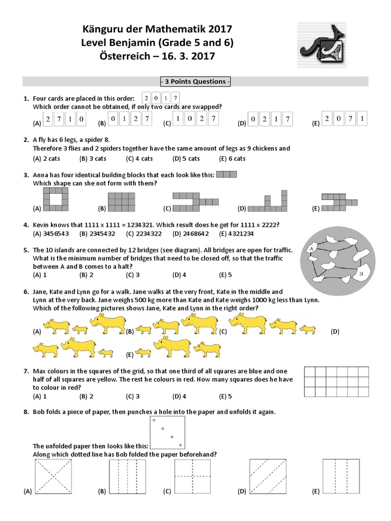 Känguru Der Mathematik 2017 Level Benjamin (Grade 5 and 6) Österreich ...