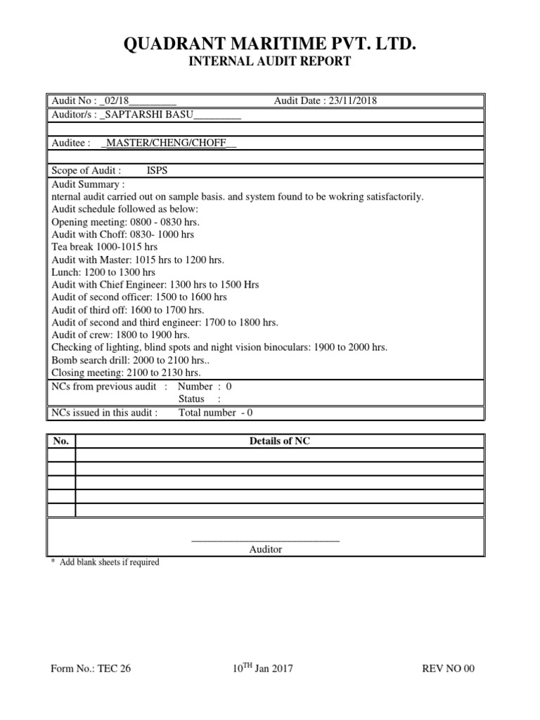 TEC-26 - Internal ISPS Audit Report Dec 2018 | PDF