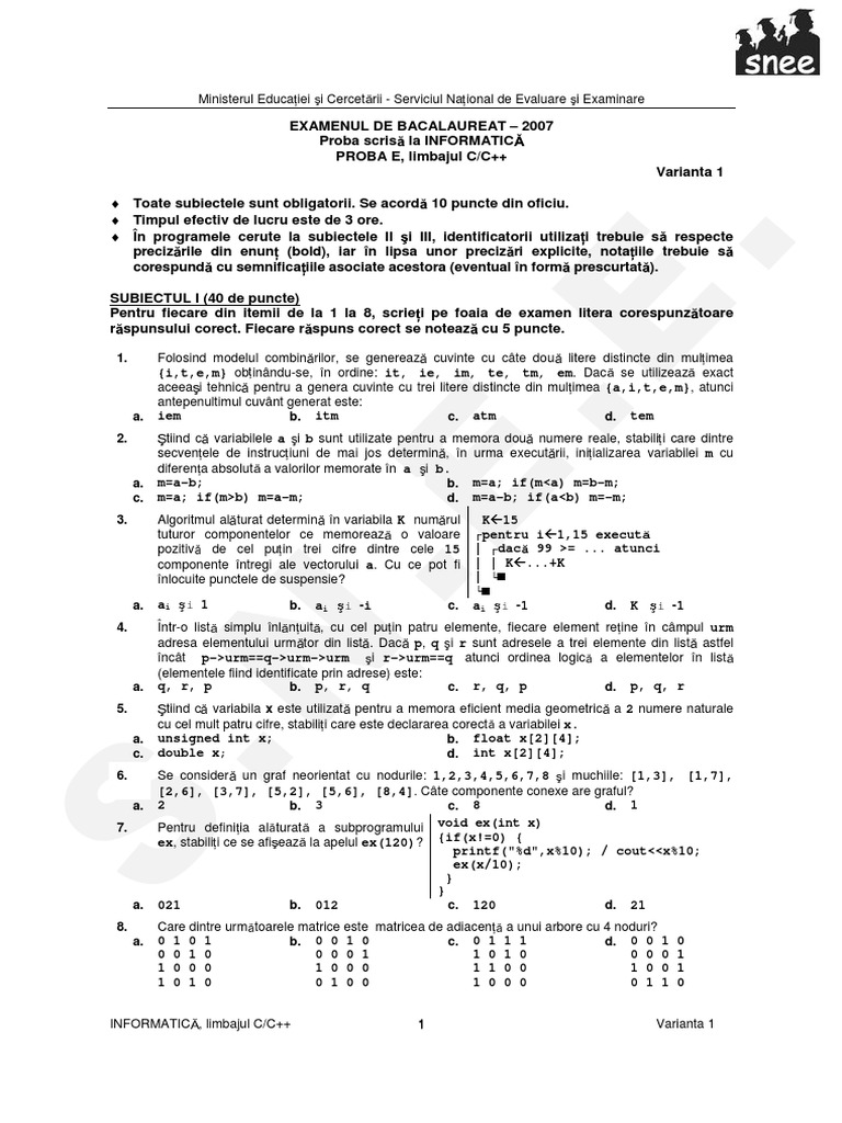 2007 Subiecte Bacalaureat Informatica C++ PDF | PDF