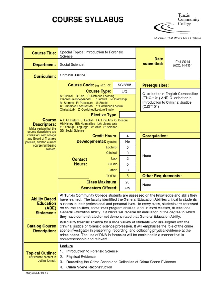 Course Syllabus: (Eg. ACC 101) | PDF | Forensic Science | Crime Scene