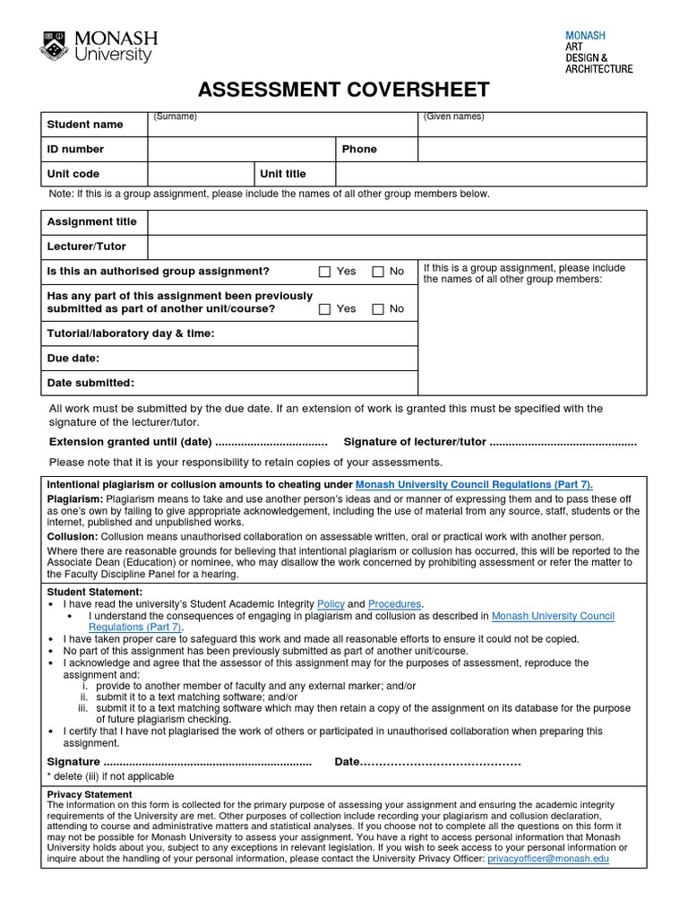 Monash University Assignment Coversheet | PDF | Academic Integrity ...