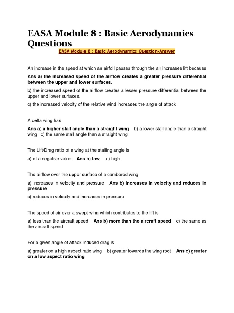 EASA Module 8: Basic Aerodynamics Question-Answer | PDF | Lift (Force ...