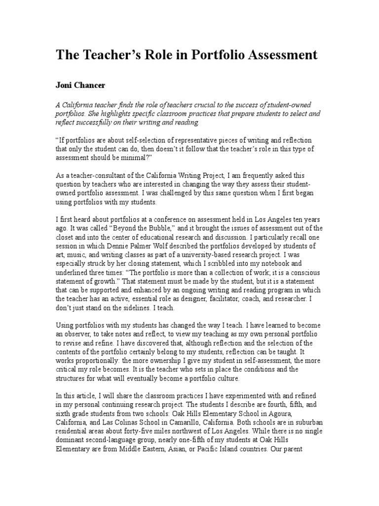 The Teacher's Role in Portfolio Assessment: Joni Chancer | PDF ...