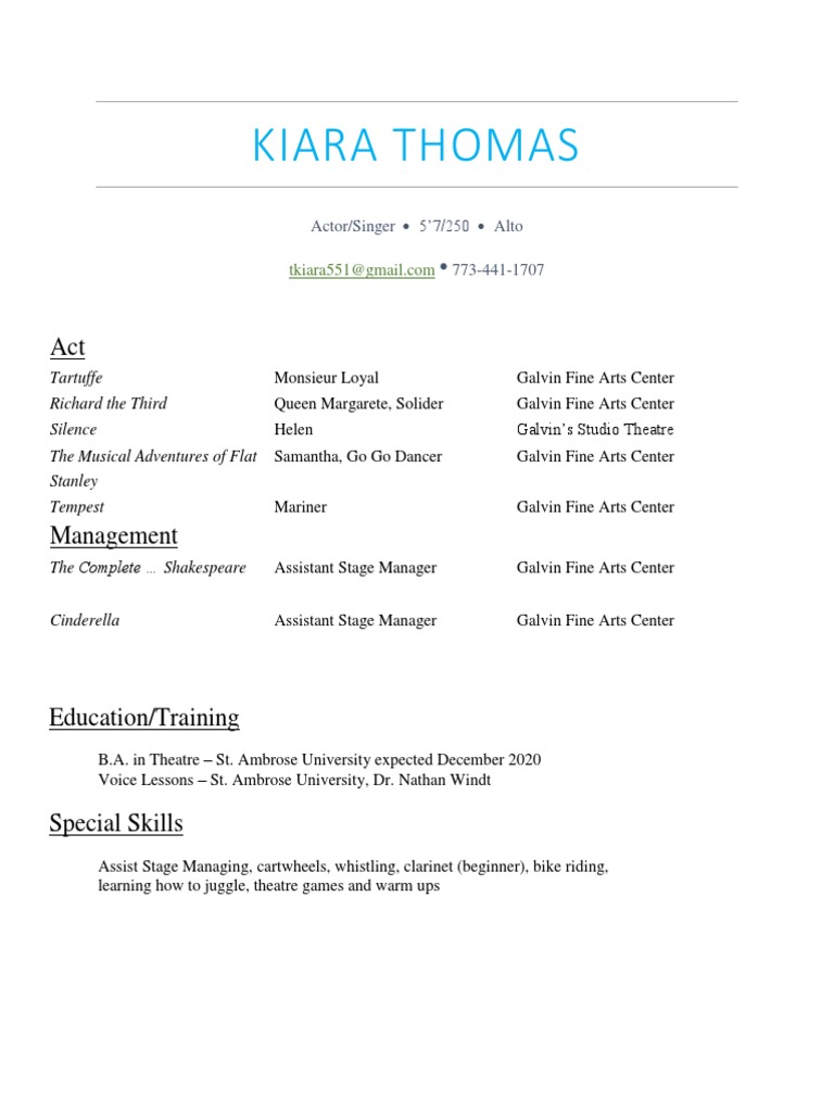 Kiara Thomas Theatre Resume | PDF | Oral Literature | Theatre