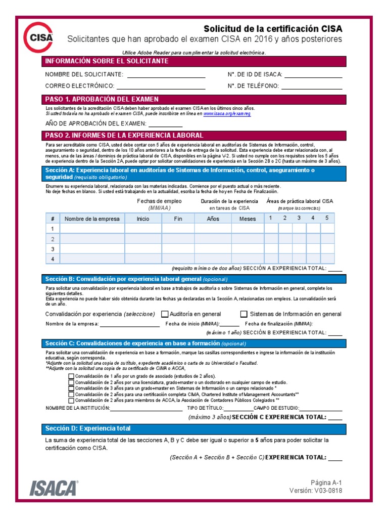 CISA Application 2016 Later FRM Spa 0918 | PDF | Auditoría | Sistema de ...
