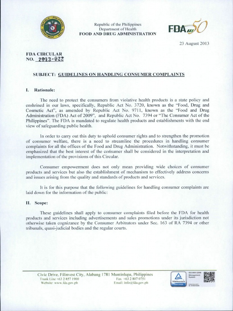 FDA CIRCULAR 2013-022 Consumer Complaints PDF | PDF