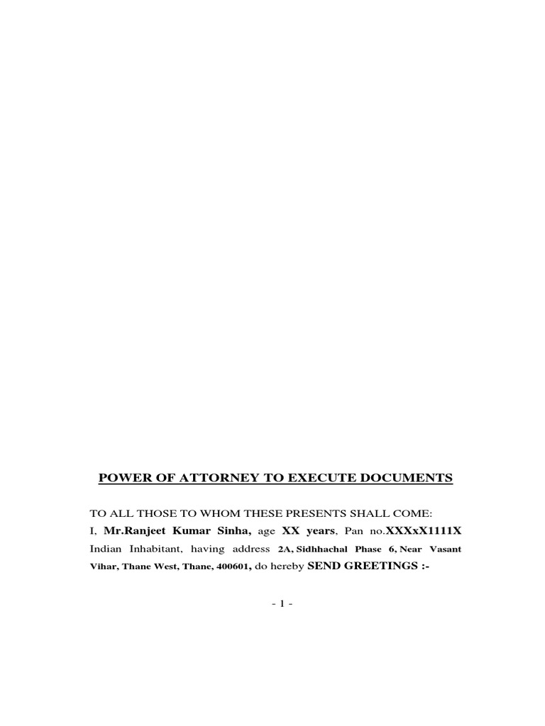 Power of Attorney To Execute Documents | PDF | Power Of Attorney | Deed
