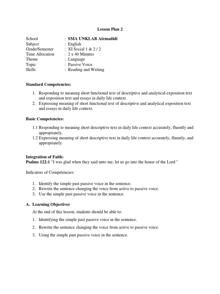 Passive Voice Lesson Plan for XI Social | PDF | Teachers | Lesson Plan