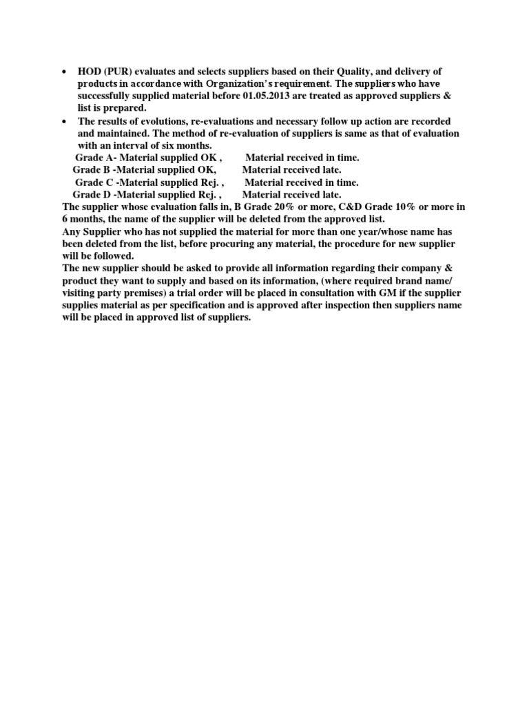 HOD (PUR) Evaluates and Selects Suppliers Based On Their Quality, and ...