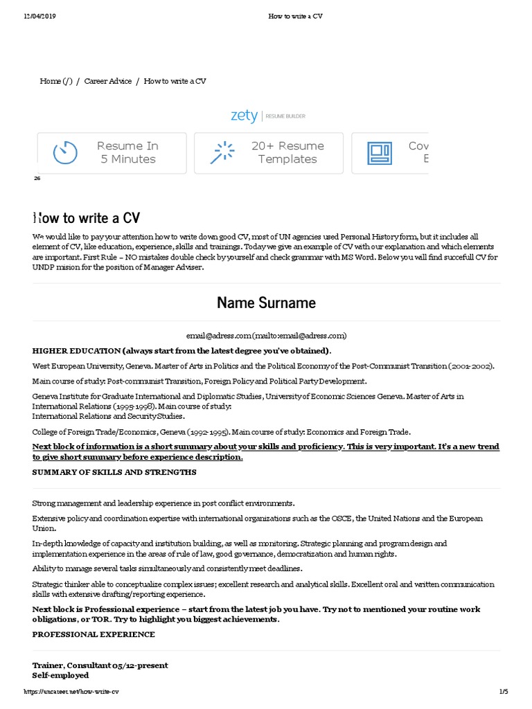How To Write A CV - UN Career | PDF | Organization For Security And Co ...