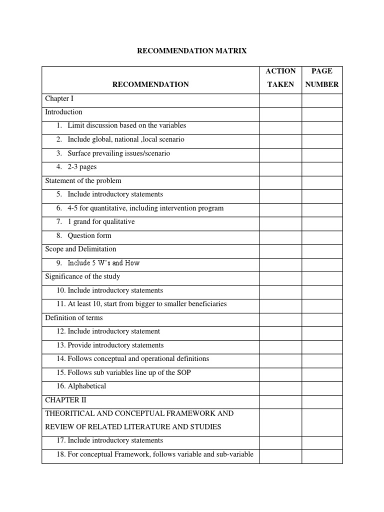 Recommendation Matrix Action Taken Number | PDF | Theory | Scientific ...