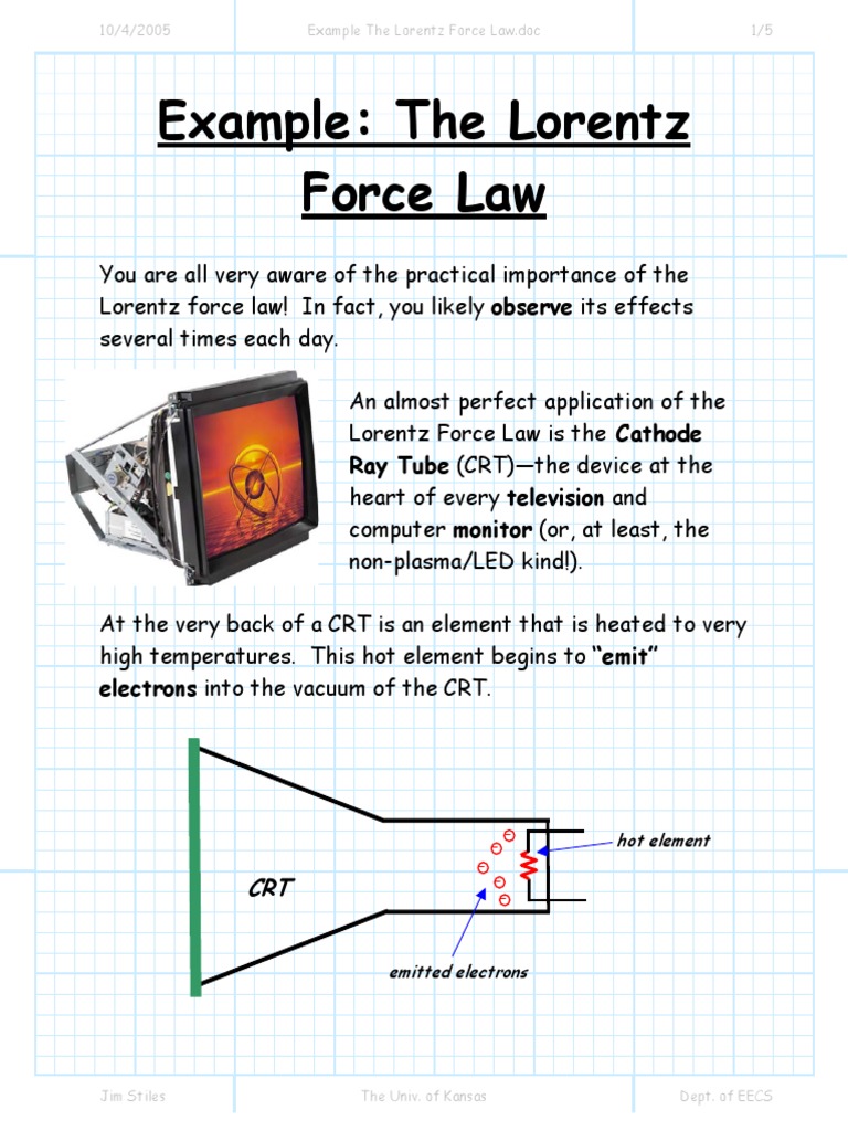Example The Lorentz Force Law | PDF | Cathode Ray Tube | Electron