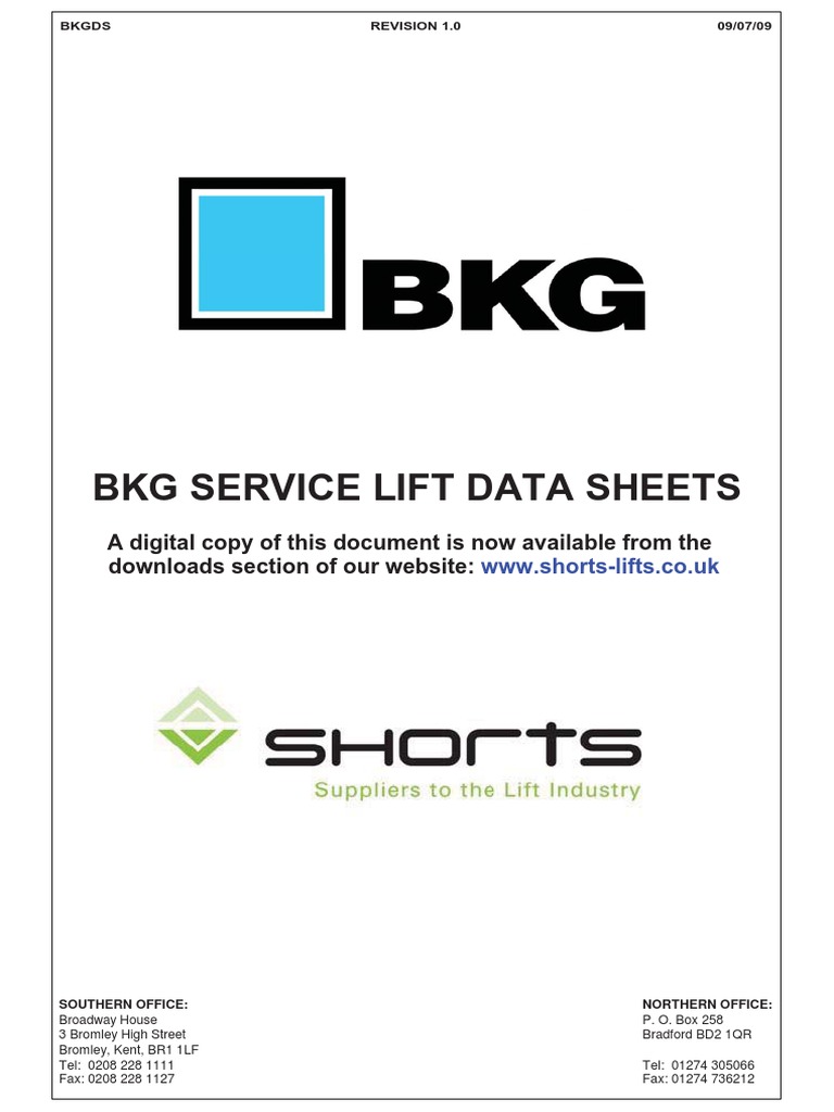 BKG Service Lift Data Sheets July 2009 | PDF | Elevator