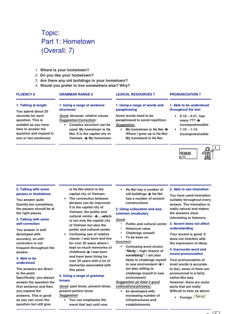 Topic: Part 1: Hometown (Overall: 7) | PDF | Fluency | Sentence ...