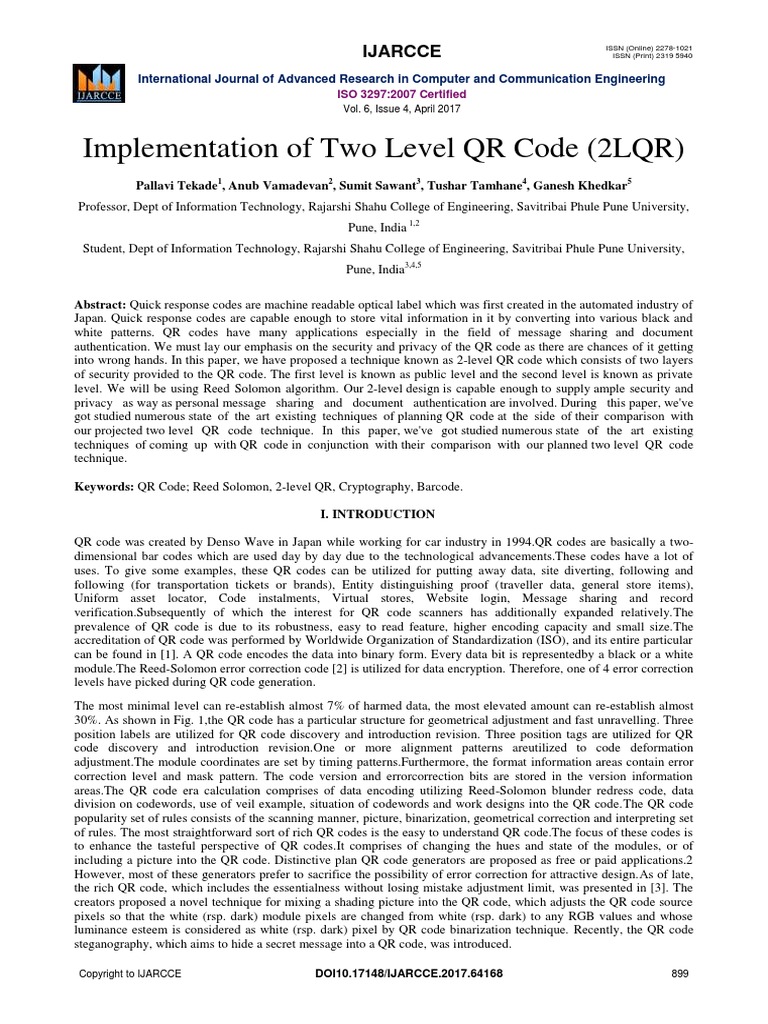 Implementation of Two Level QR Code (2LQR) : Ijarcce | Download Free PDF | Qr Code | Cryptography