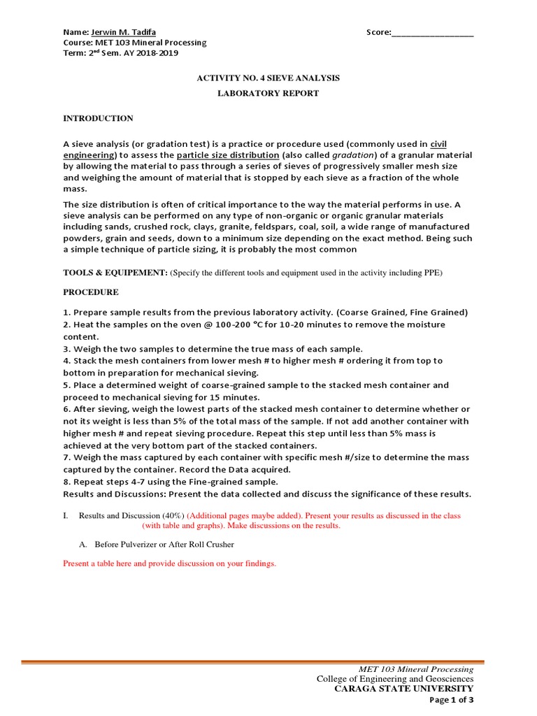 Sieve Analysis Lab Report | PDF | Materials | Chemistry