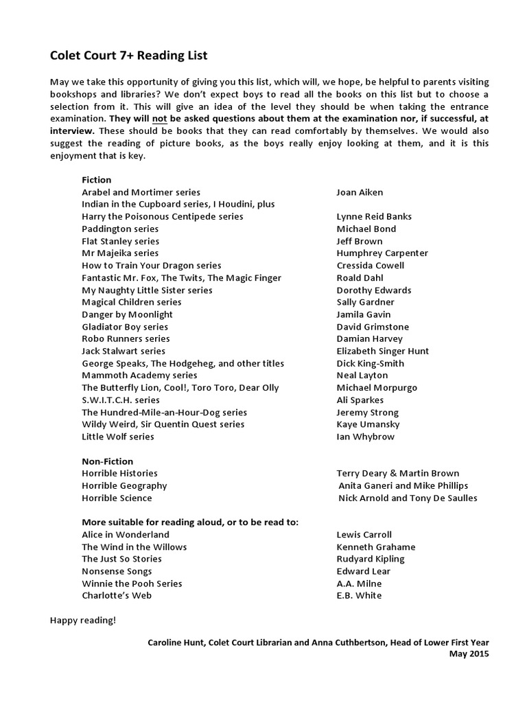 Colet Court Approved Reading List English For Children 7+ | PDF ...