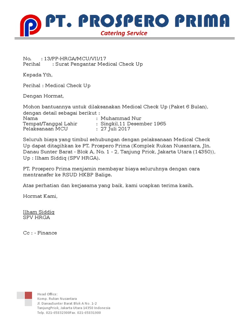 Surat Pengantar Medical Check Up (MCU) | PDF