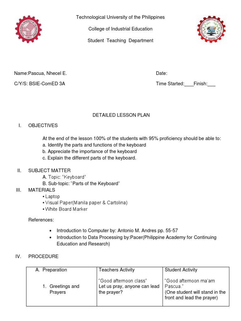 Detailed Lesson Plan (Parts of Keyboard) | PDF | Computer Keyboard | Text