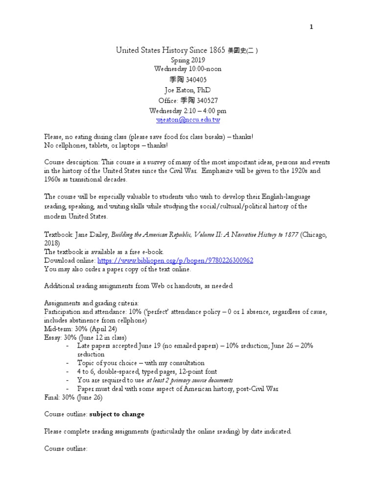 United States History Since 1865 Syllabus Spring 2019 | PDF | Unrest