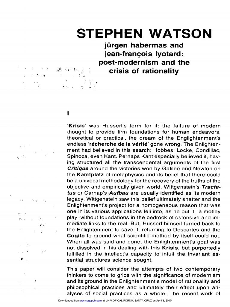 Habermas and Lyotard on Rationality Crisis | PDF | Immanuel Kant | Reason