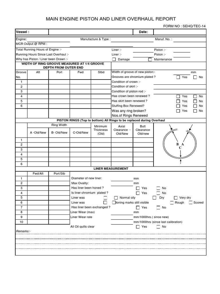 Tec 14-Main Engine Piston and Liner Overhaul Report | PDF | Piston ...