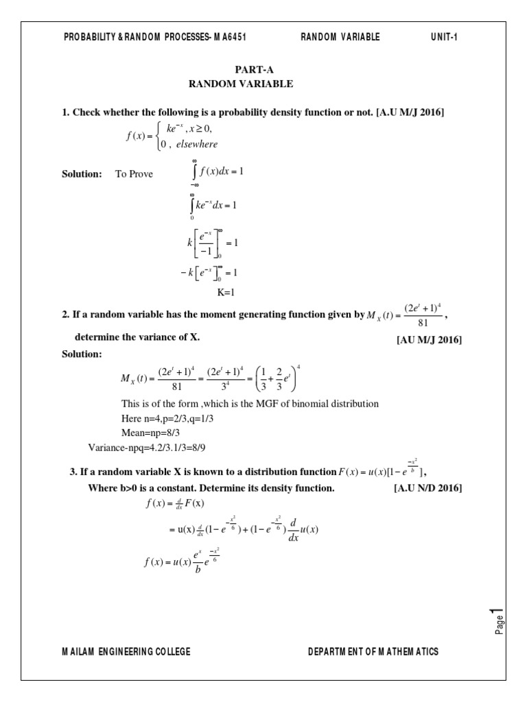 One Dimensions Random Variables PDF | PDF | Probability Density Function | Probability Distribution