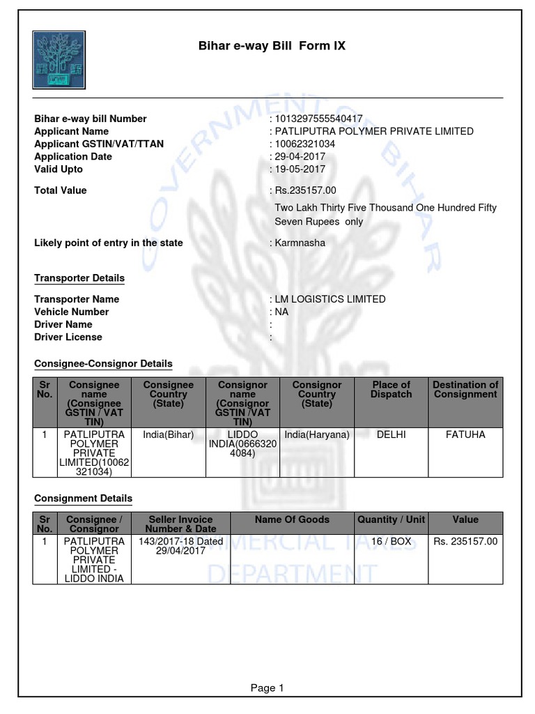 Bihar E-Way Bill Form IX | PDF | Business Documents | Invoice